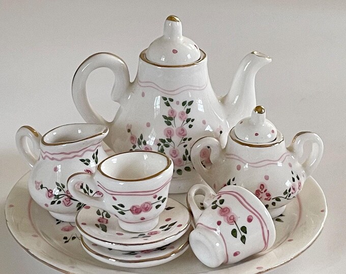 Porcelain CHILD Miniature Tea Set Pink With White Gold Trim / Pink ...