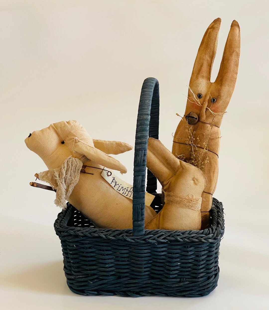 3 Primitive Bunny Rabbit Dolls in Basket - Primitive Style Rabbits ...