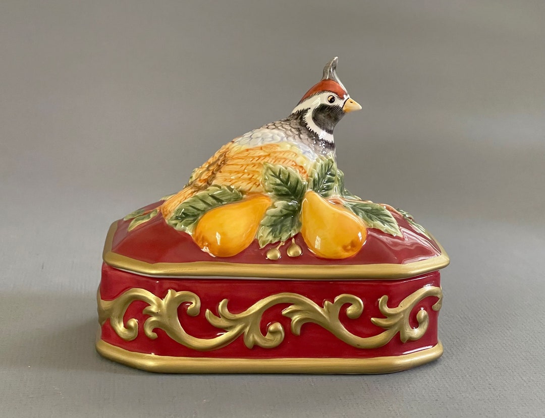 Fitz & Floyd Partridge Lidded Trinket Box Handpainted Porcelain Vintage ...