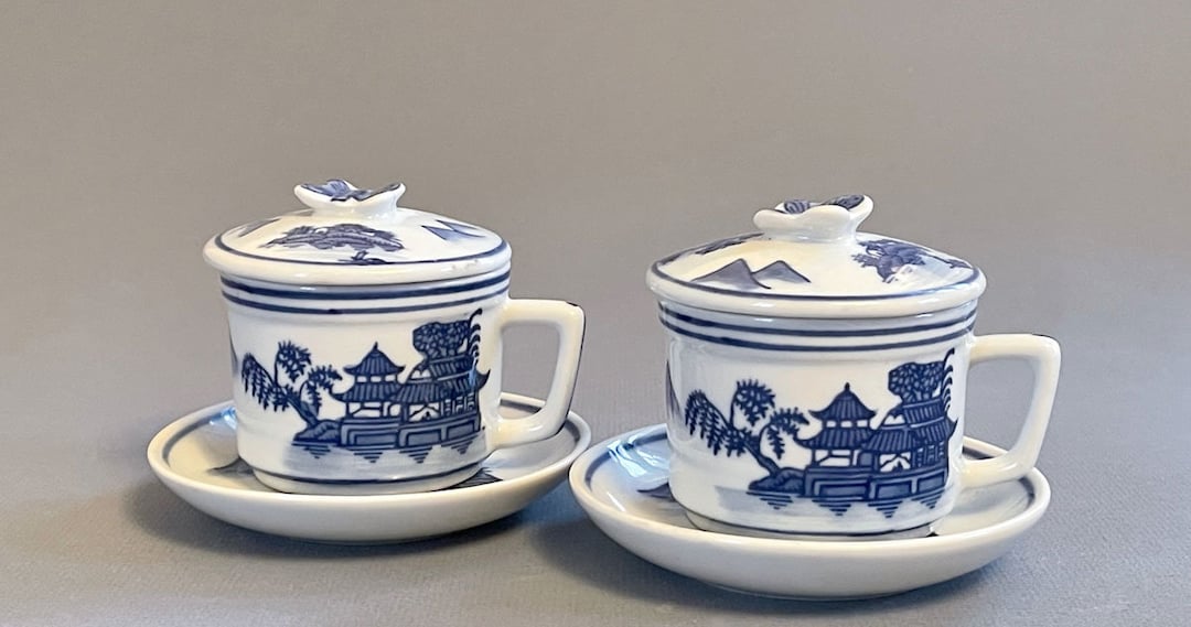 2 Vintage Blue & White Small Chinese Handled Cups W Lid and Plate ...