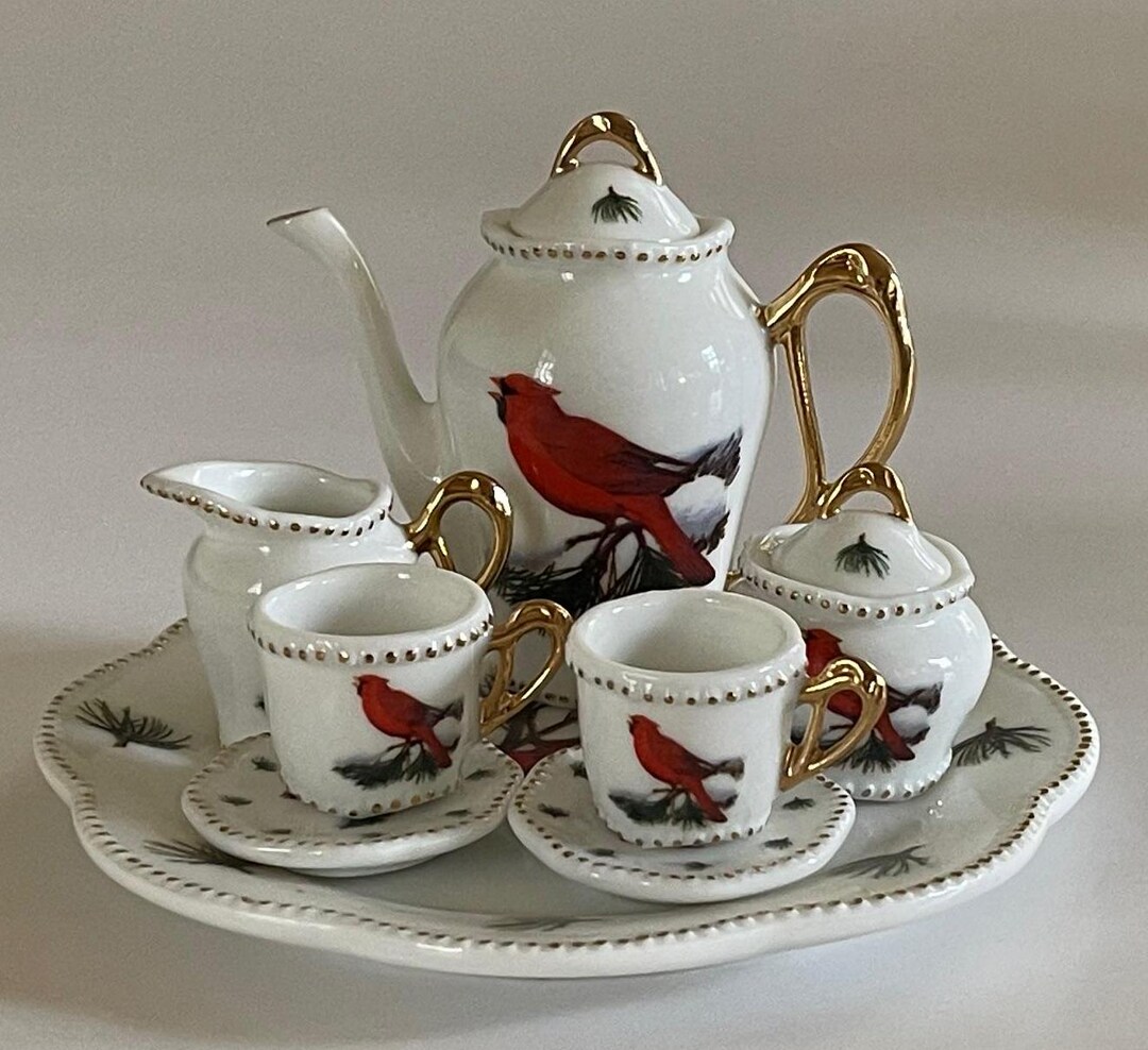 Small PLAY Cardinal Bird Porcelain TEA SET With Gold Trim and Platter ...