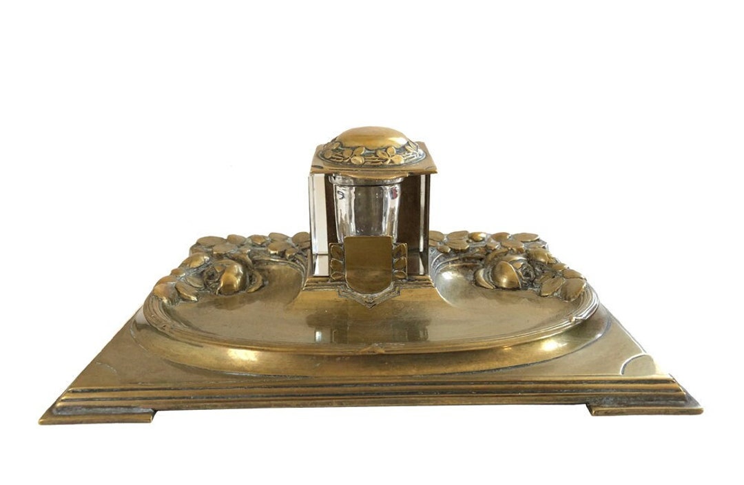Antique Brass Inkstand / German Jugendstil Brass Inkwell Tray / German ...
