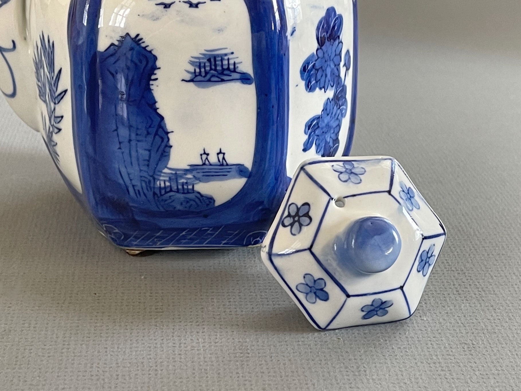 Small Chinese Blue White Teapot With Bamboo Handles / Vintage Oriental ...