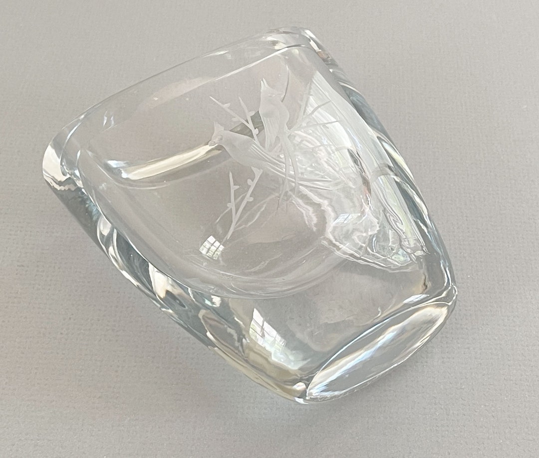 Swedish Etched Crystal Vase Birds on Branch Strombergshyttan Sweden ...