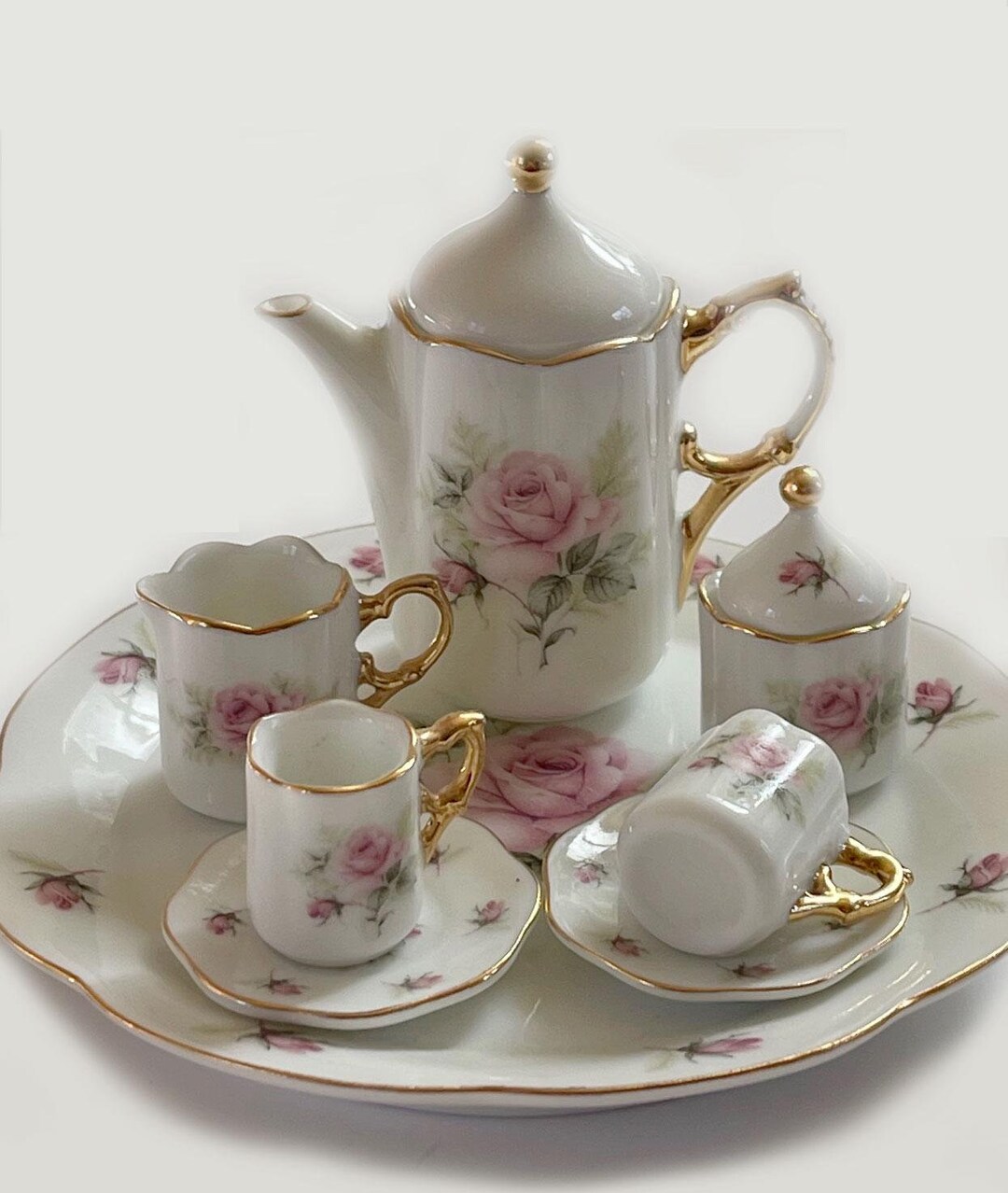 Vintage Porcelain CHILD Miniature Tea Set Roses With White Gold Trim ...