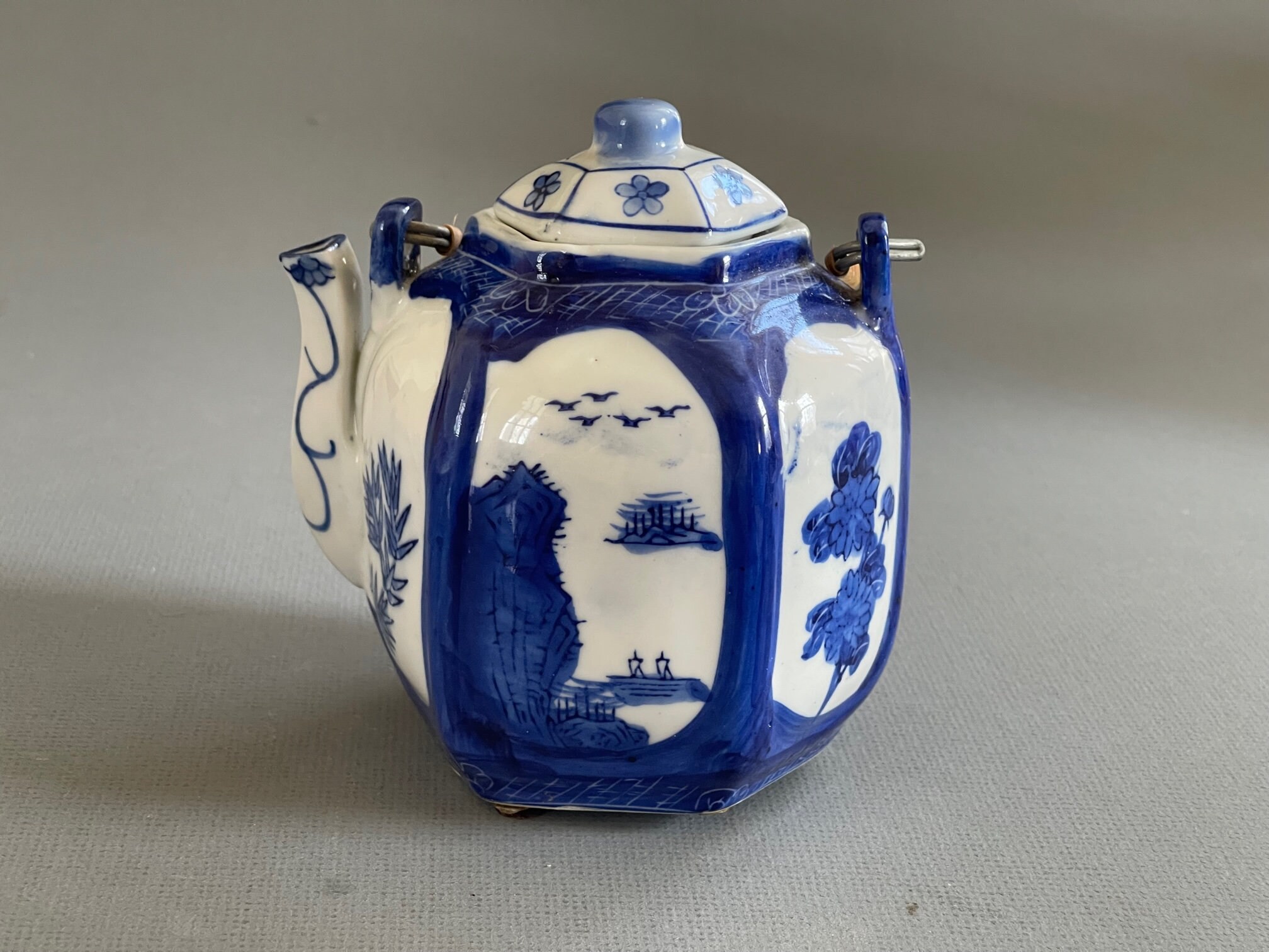 Small Chinese Blue White Teapot With Bamboo Handles / Vintage Oriental ...