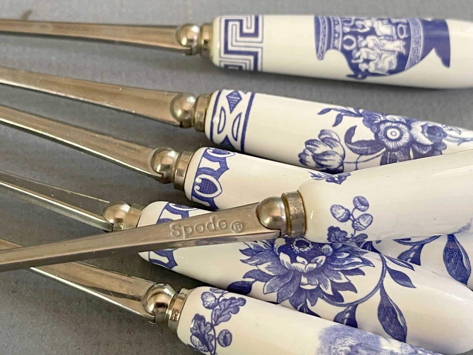 Spode Pastry Forks 6 Stainless Steel Forks W Porcelain Blue Italian ...
