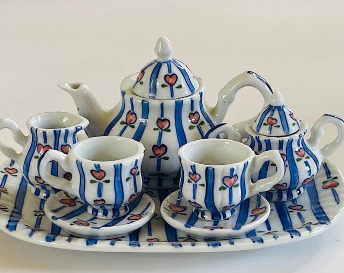 Pretend PLAY Blue White Porcelain TEA SET W Stripes and Hearts and ...