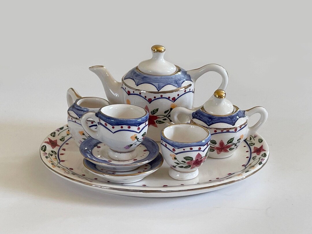 Pretend PLAY Blue Porcelain TEA SET and Tray Platter Red Florals / Tea ...