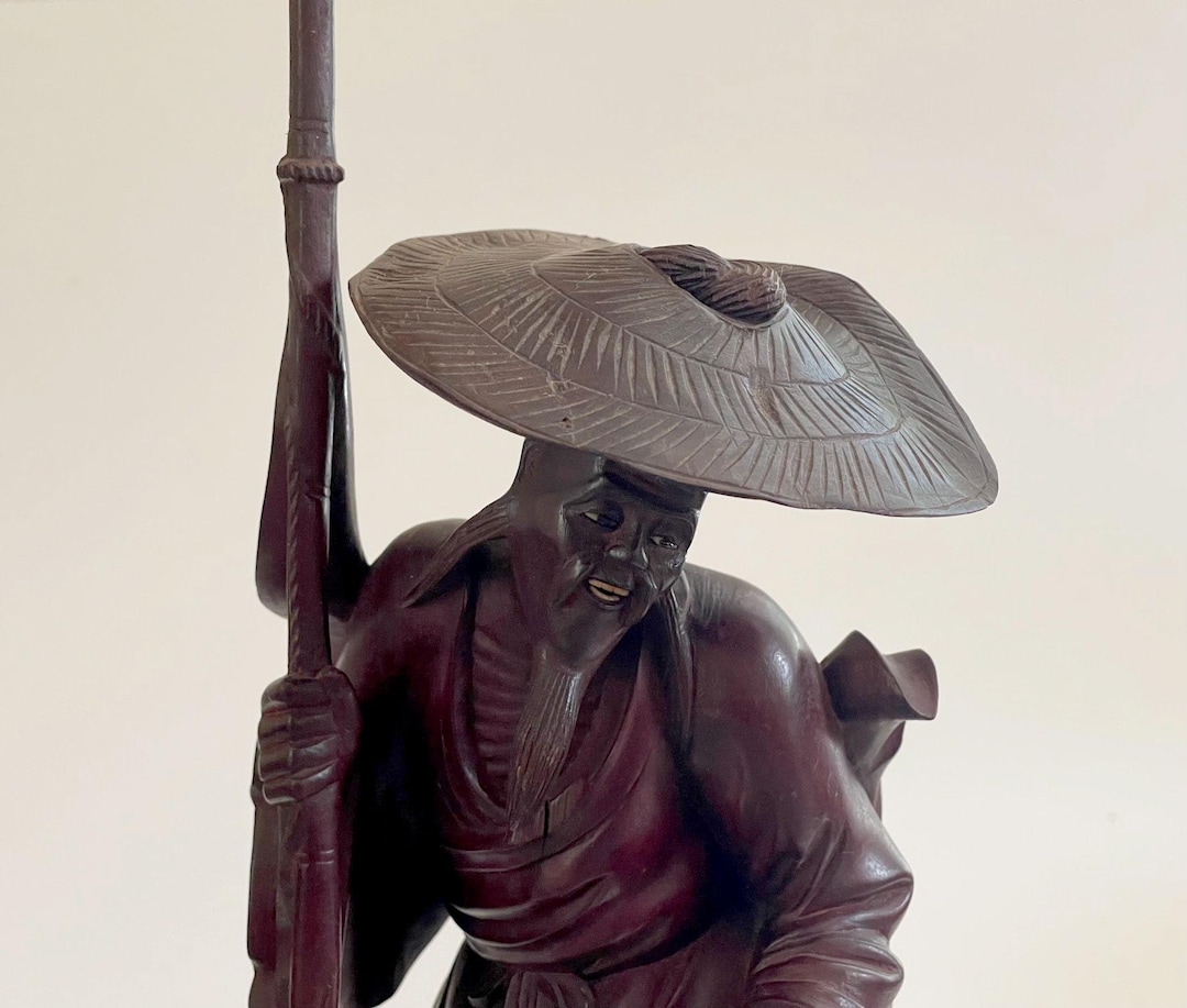 Chinese Wooden Old Fisherman Statue Carved Figure Antique Sculpture Art ...