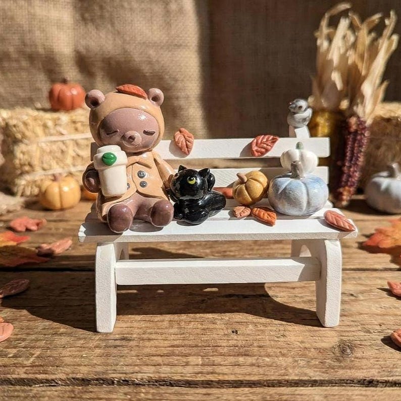 Clay Coffee Desk Buddy Gift Idea Fall Decor Latte Bear Figure Miniature ...
