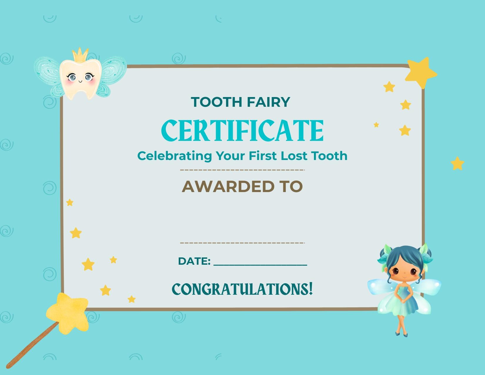 First Tooth Lost Certificate-printable Tooth Fairy Award-digital ...