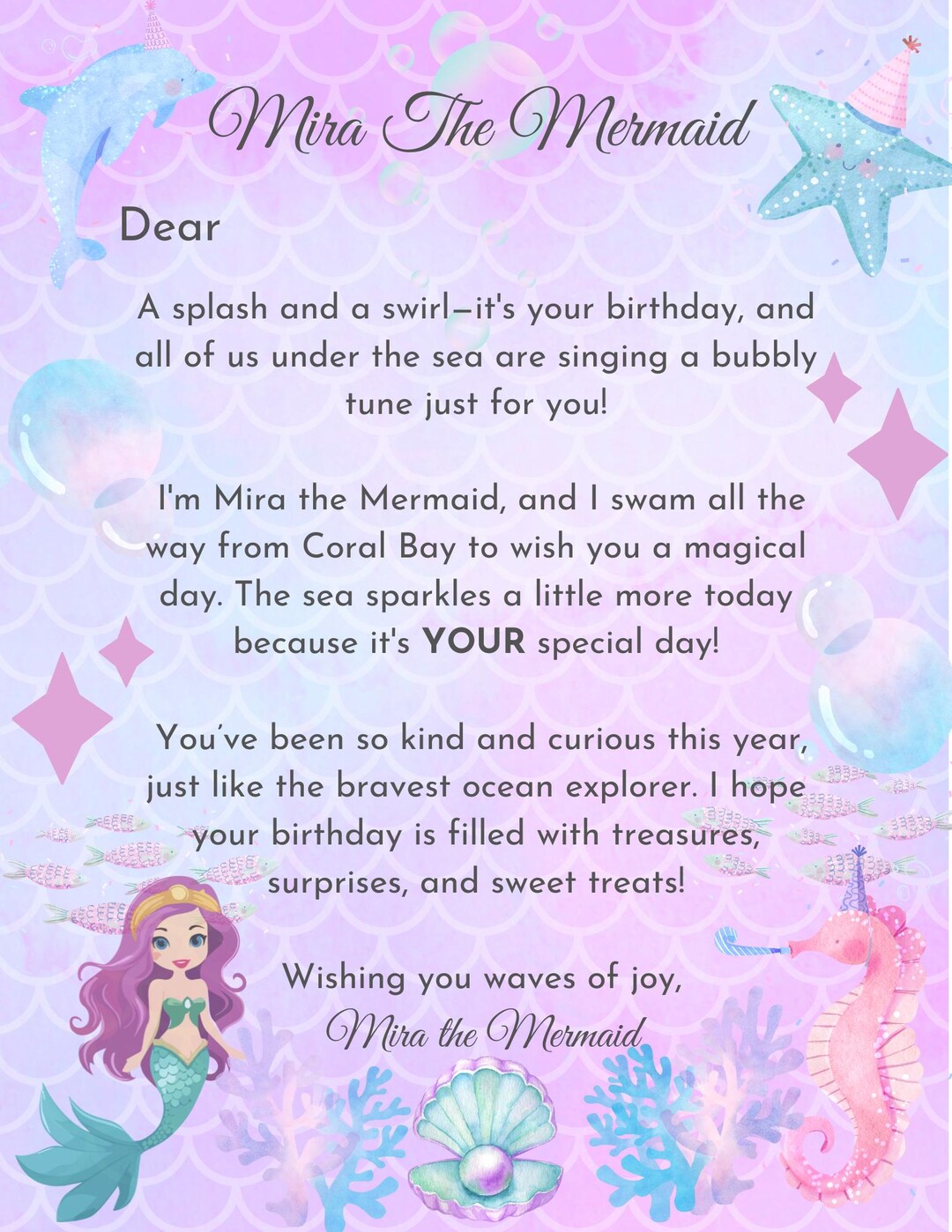 Mermaid Birthday Letter From Mira | Printable Mermaid Birthday Note for ...
