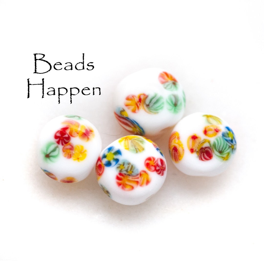 Vintage 8mm White Glass Coin Beads With Millefiori Dotting From Early ...