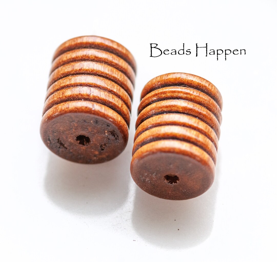 VINTAGE 20x16mm Ridged Wood Wooden Beads, Brown, Tube, Column, Barrel ...