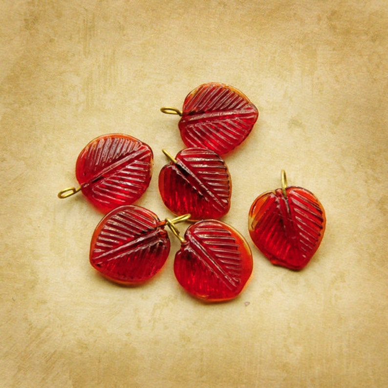 Ruby Red 14mm Pressed Glass Leaf Leaves With Embedded Wire Loop ...