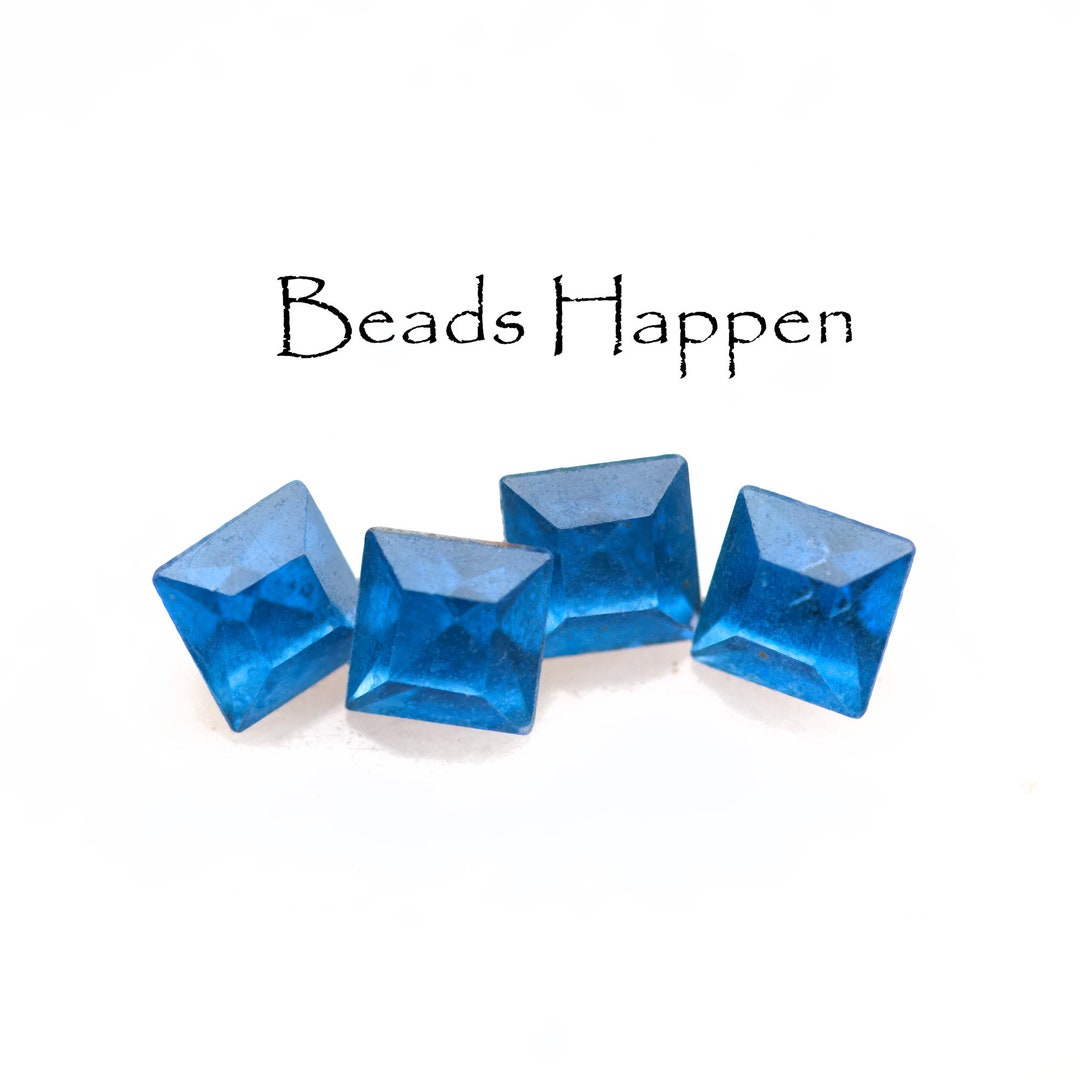 4x4mm Square Vintage Sapphire Blue Glass Stones From Czechoslovakia Faceted Tops Gold Foiled