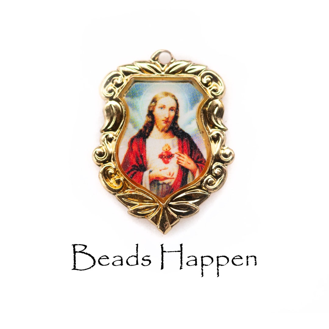 20x16mm Sacred Heart of Jesus Shield Medal, Oval Image, Gold Color With ...