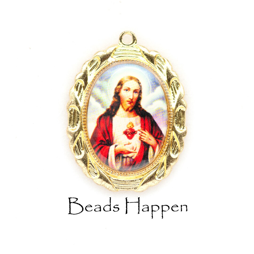 28x23mm Sacred Heart of Jesus Shield Oval Medal, Oval Image, Gold Color ...