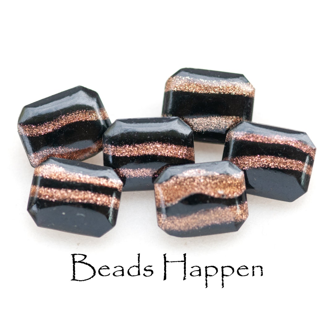 10x8mm Vintage Jet Black Glass Octagon Stones Jewels, Metallic Coppery ...