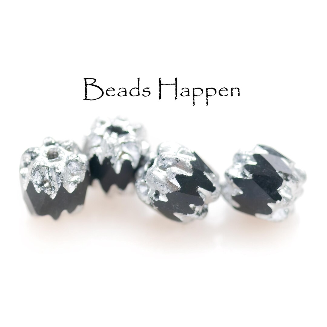 8x7mm Cathedral Crown Jet Black Glass Beads, Silver Metallic Coated ...