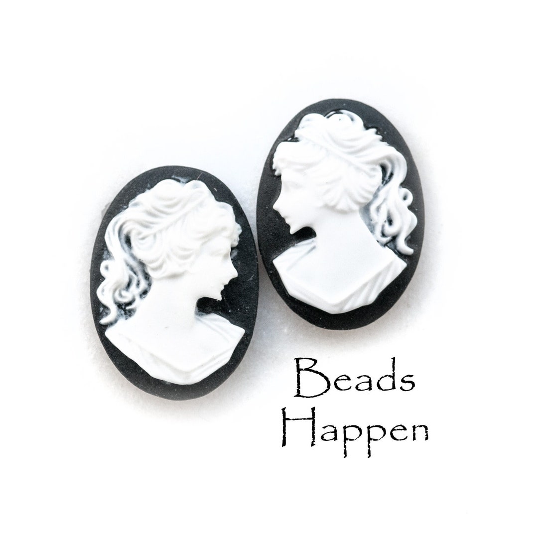 18x13mm Jet Black and White Oval Cameo Cabochons, Resin Base With ...