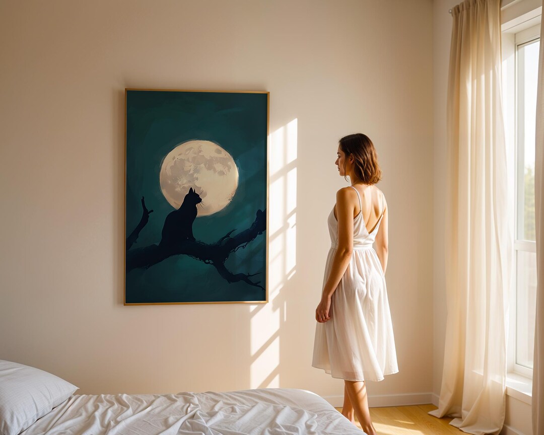 Moonlit Cat Art Print, Black Cat Silhouette Wall Decor, Full Moon Cat ...