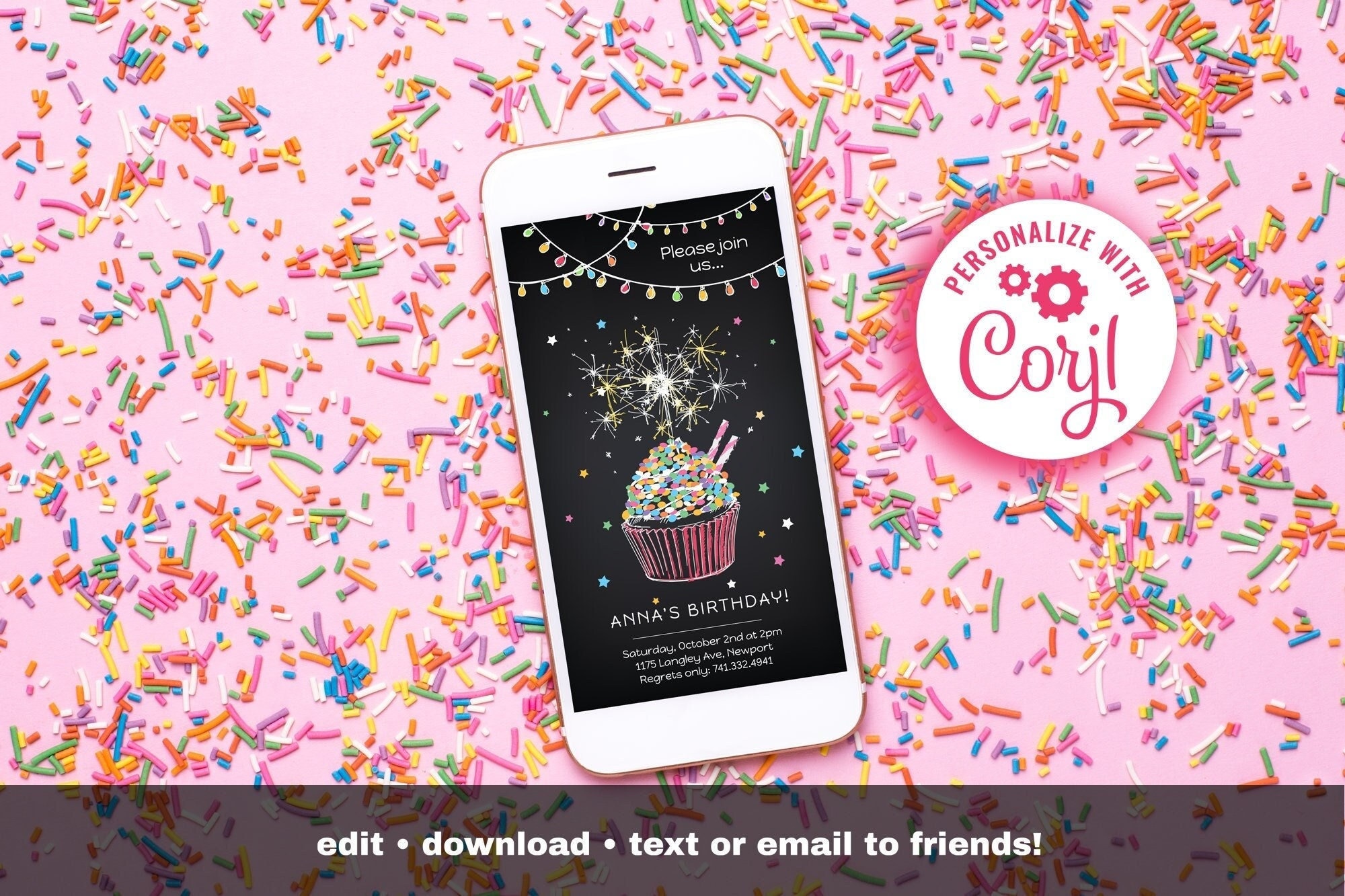 Editable Any Age Custom Birthday Mobile Invite Pink INSTANT DOWNLOAD ...