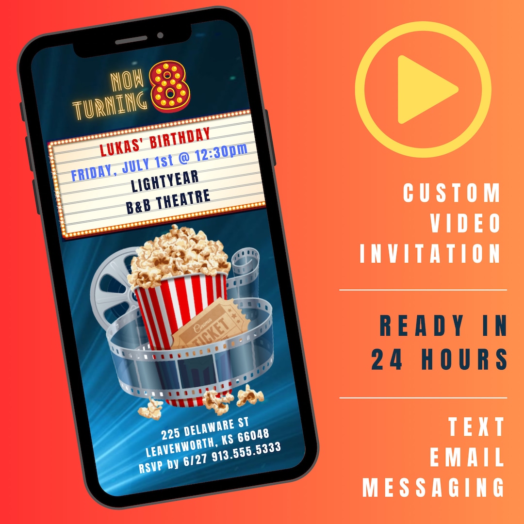 VIDEO Movie Birthday Party Invitation Movie Theater Birthday ...