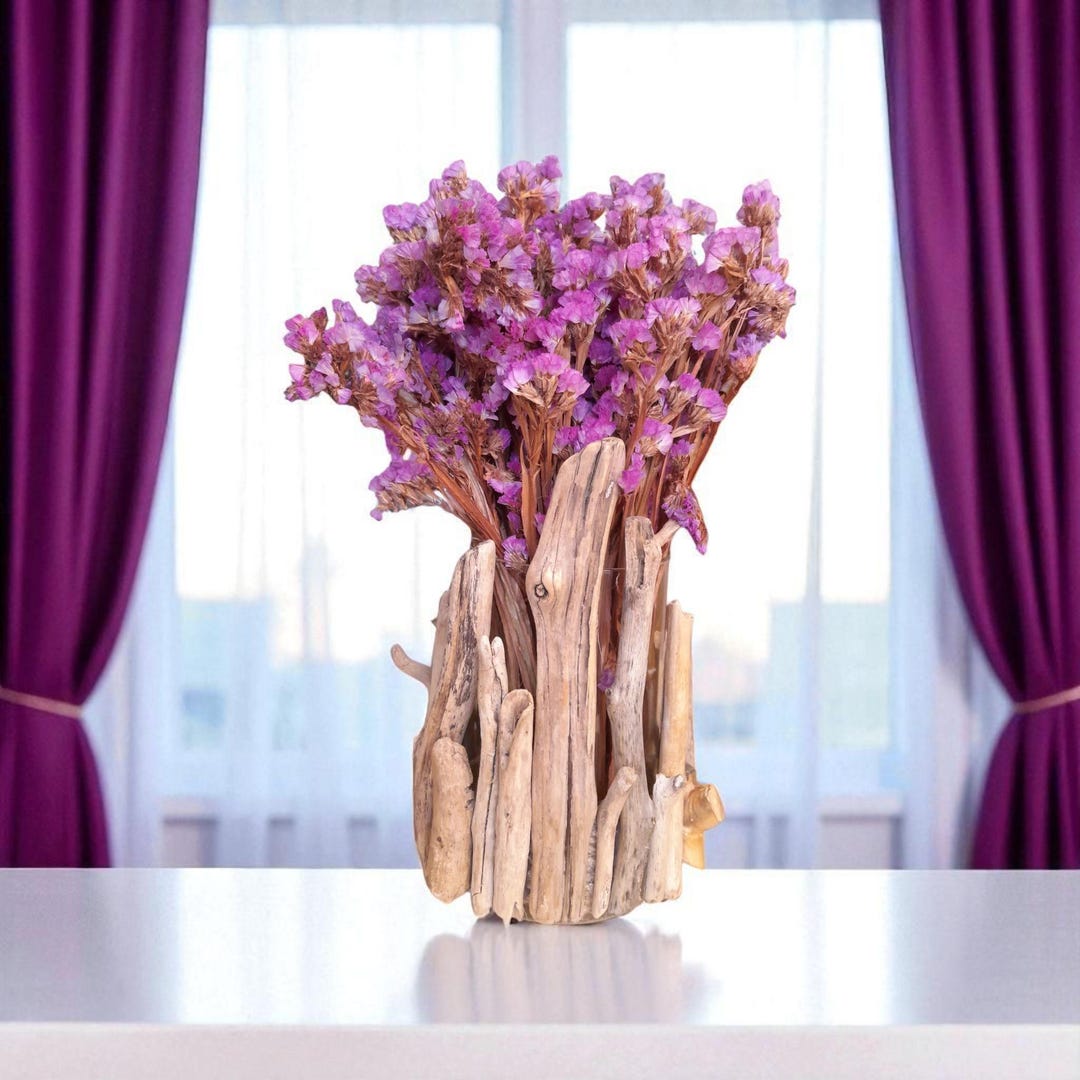 Dried Purple Statice Flowers in Driftwood Wrapped Glass Vase Rustic ...