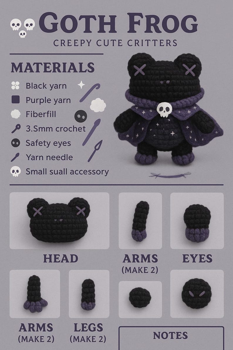 Regular-size Goth Frog Crochet Pattern PDF | Creepy Cute Amigurumi ...