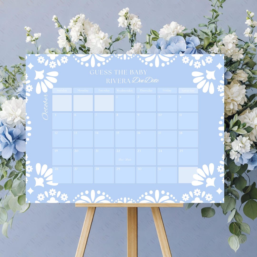 Editable Cielito Lindo Baby Shower Due Date Calendar, Dusty Blue ...
