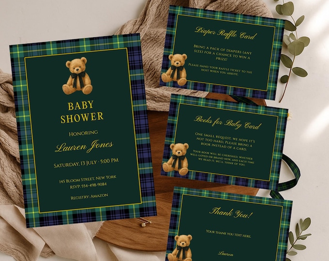 Editable Teddy Bear Baby Shower Invitation Set, Classic Tartan Plaid ...