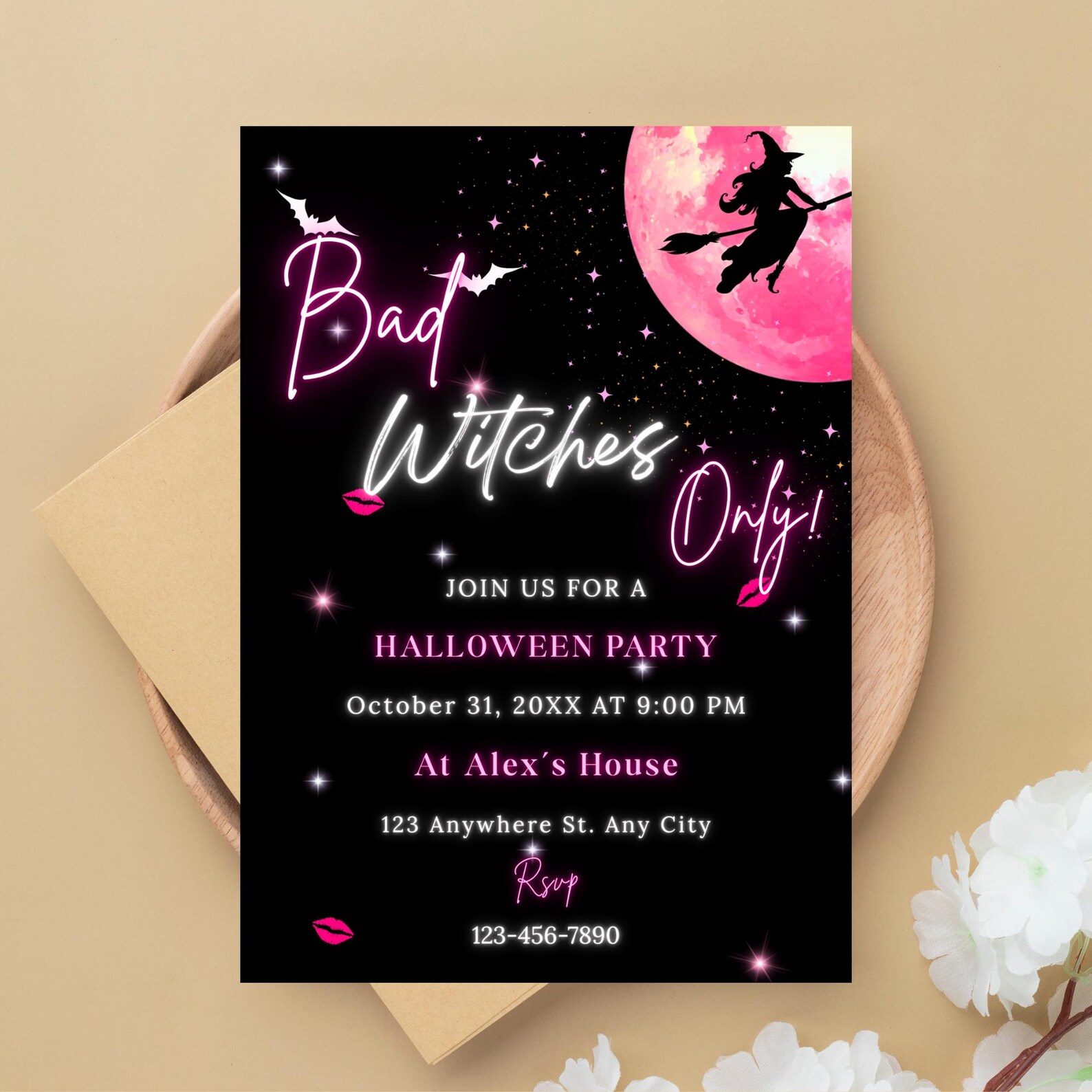 Bad Witches Only Halloween Invitation, Pink Neon Witch Party Invite 5x7 ...