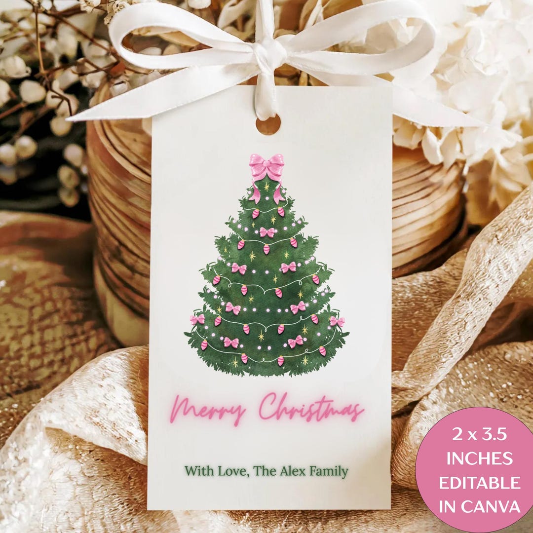 Editable Christmas Gift Tag Template, Pink Bow Tree, Printable Holiday ...