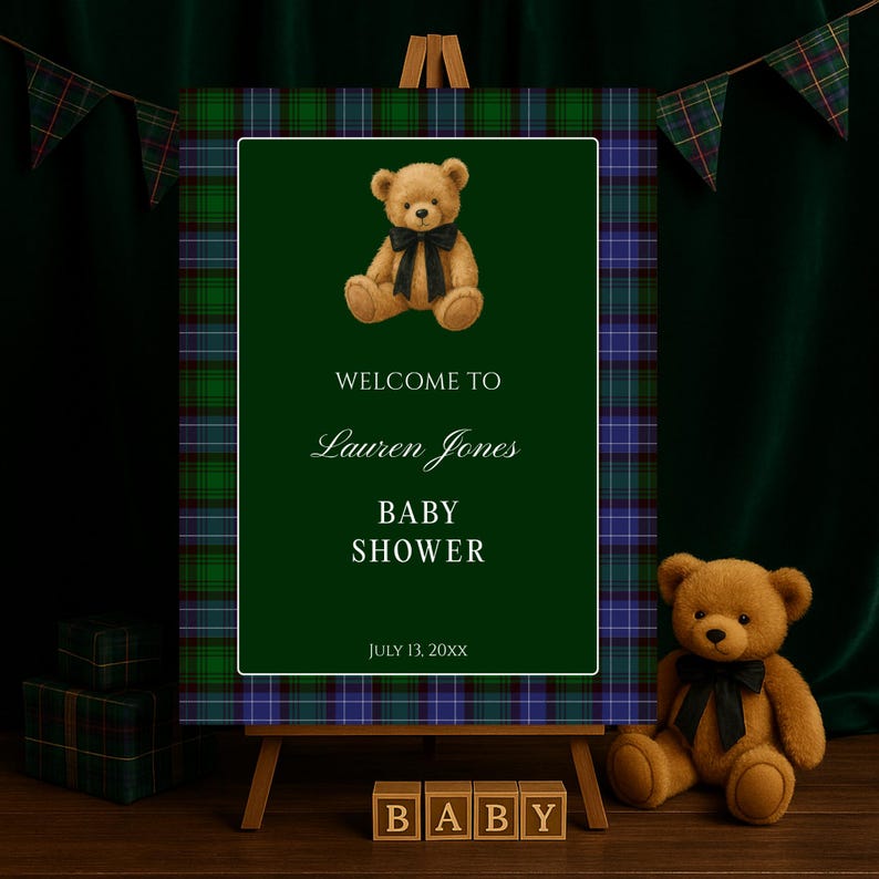 Editable Teddy Bear Baby Shower Welcome Sign, Classic Preppy Theme ...