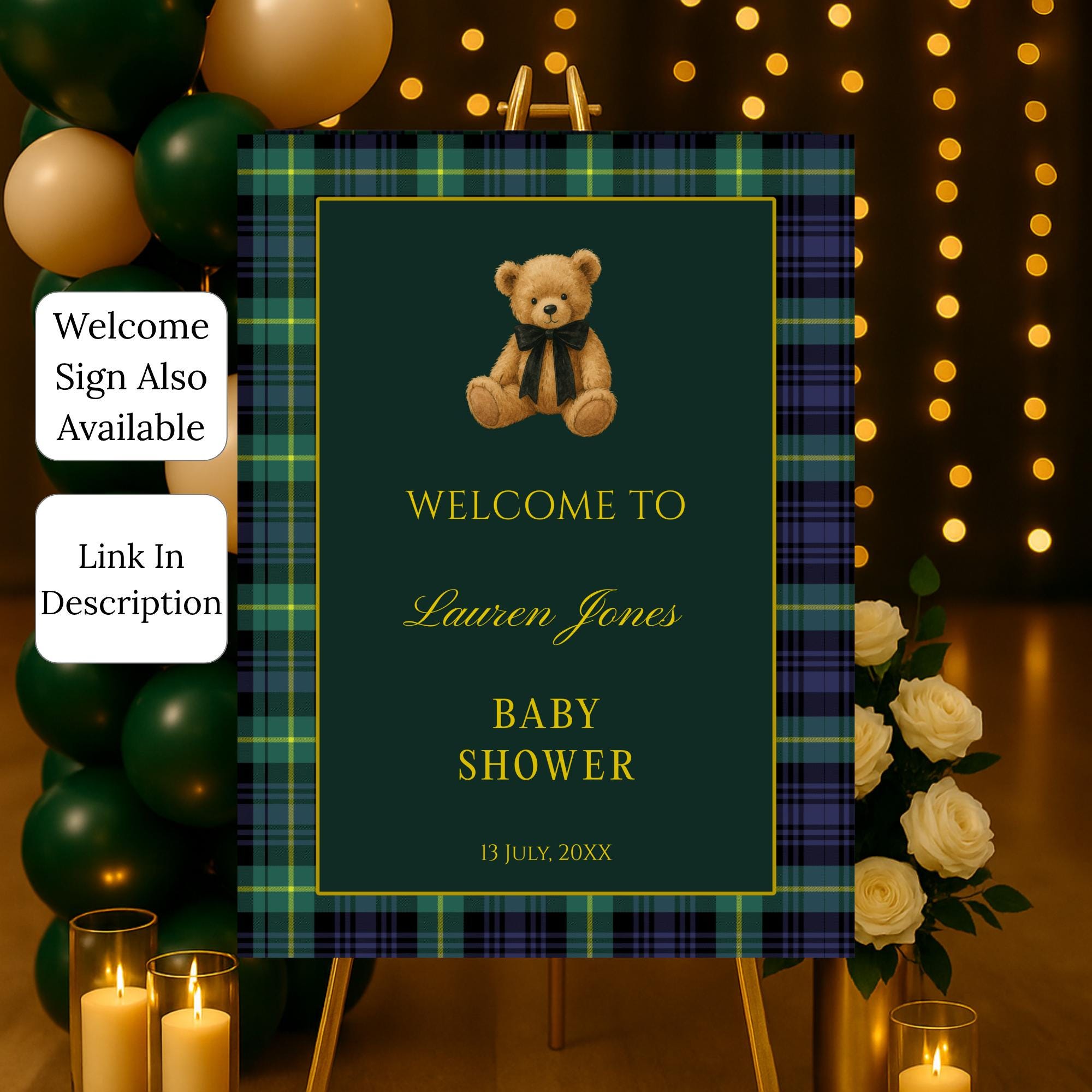 Editable Teddy Bear Baby Shower Invitation Set, Classic Tartan Plaid ...