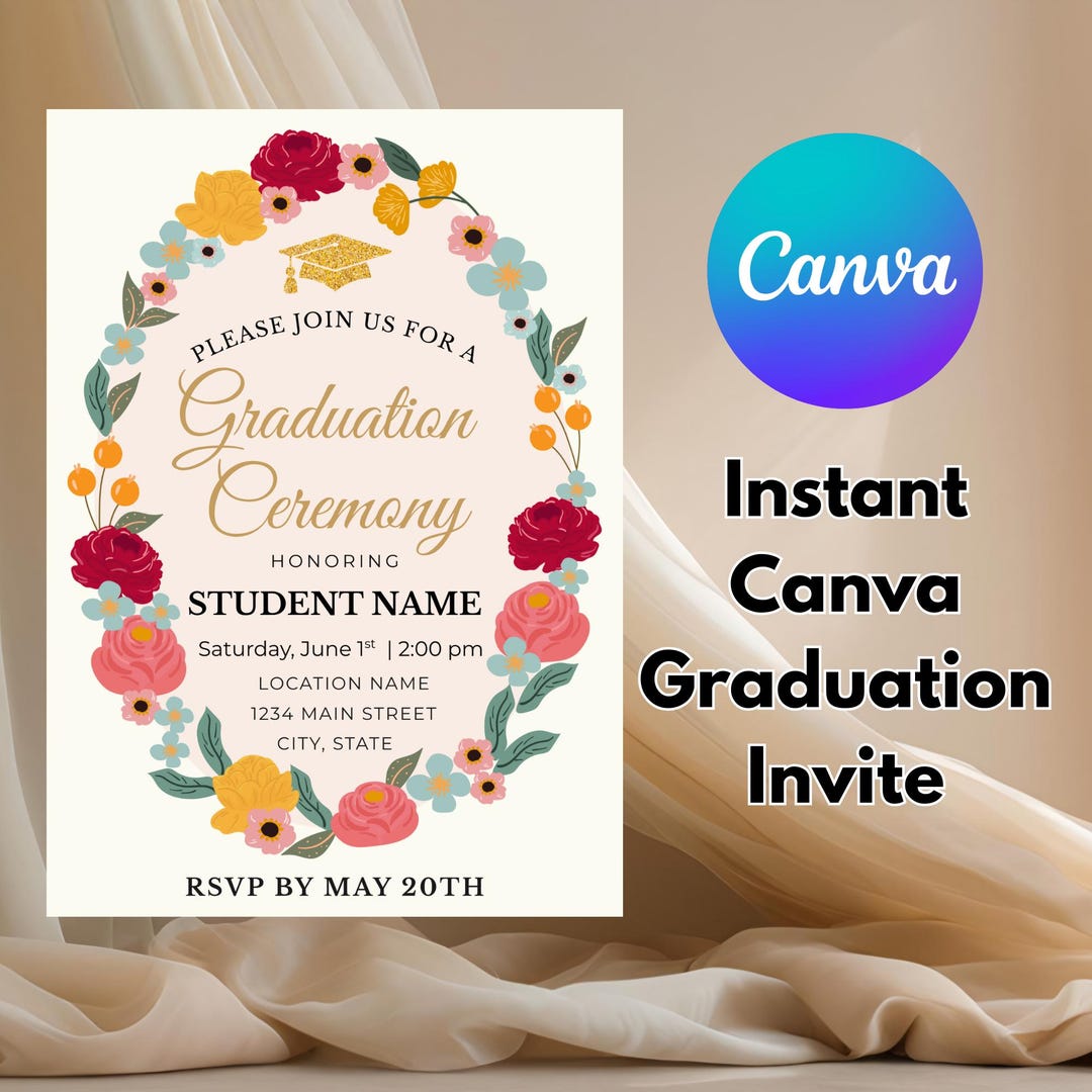 Editable Graduation Invitation, Floral Graduation Invite, Customizable Digital Invite, Printable ...