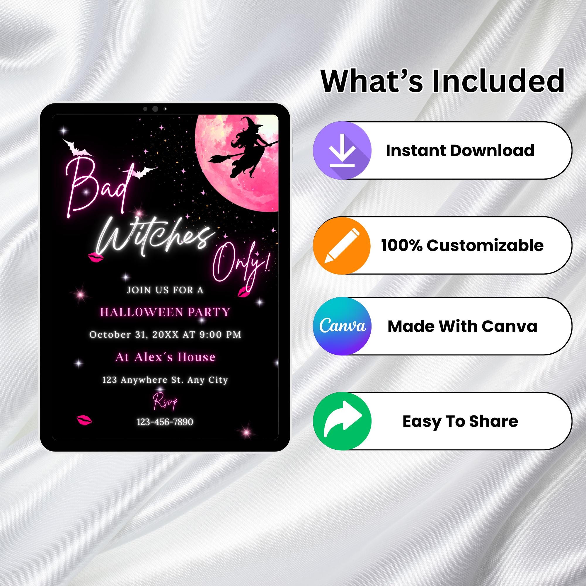 Bad Witches Only Halloween Invitation, Pink Neon Witch Party Invite 5x7 ...