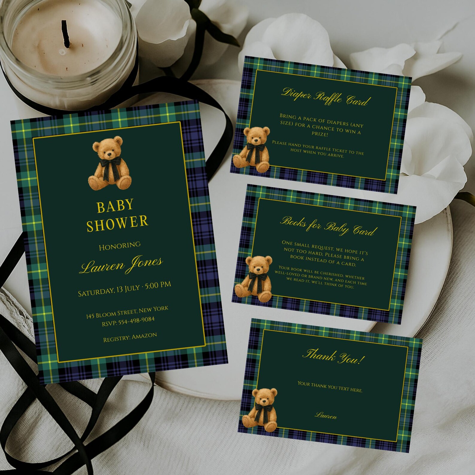 Editable Teddy Bear Baby Shower Invitation Set, Classic Tartan Plaid ...