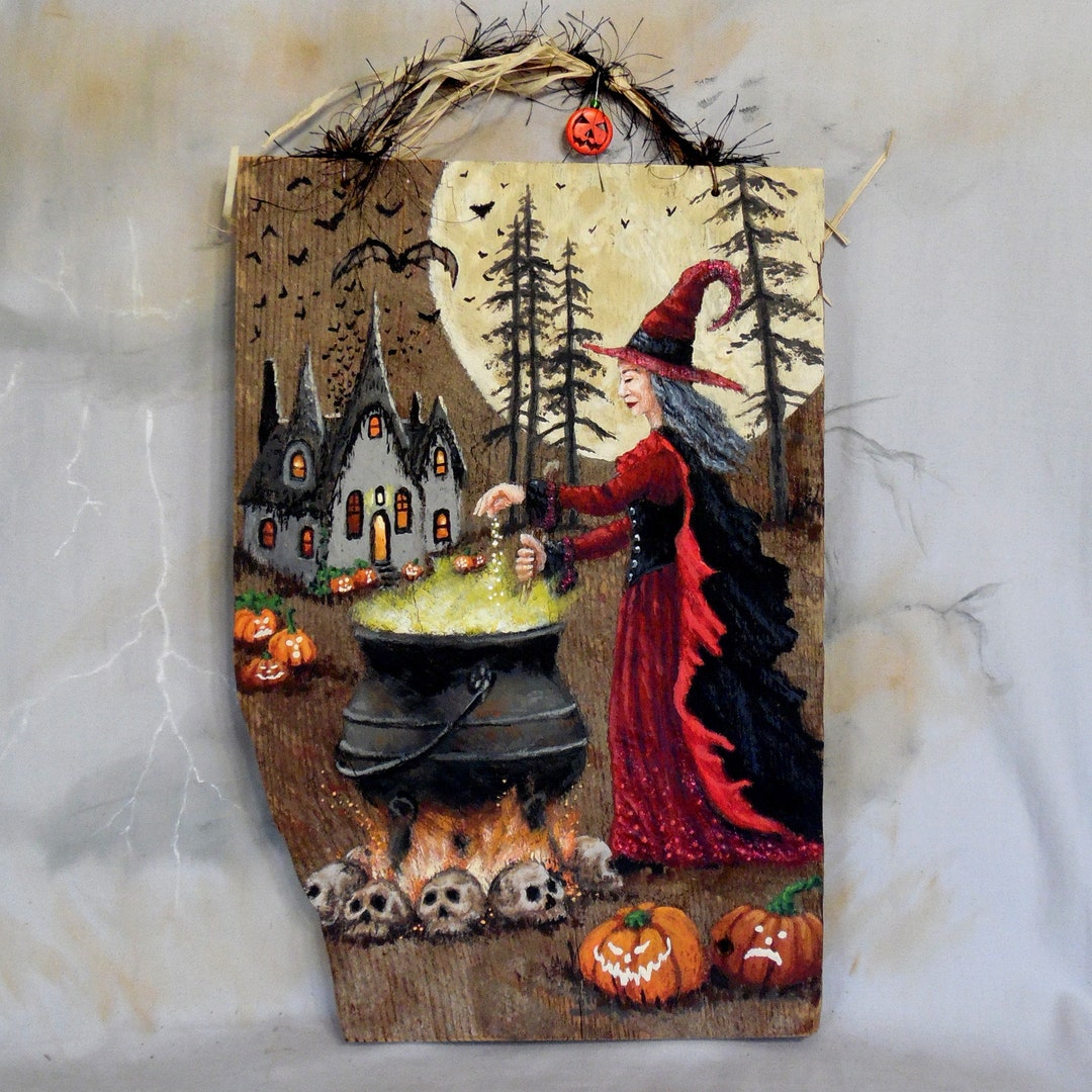 The Enchantress, Witch, Unique Painting on Barnwood, Halloween, Spooky ...