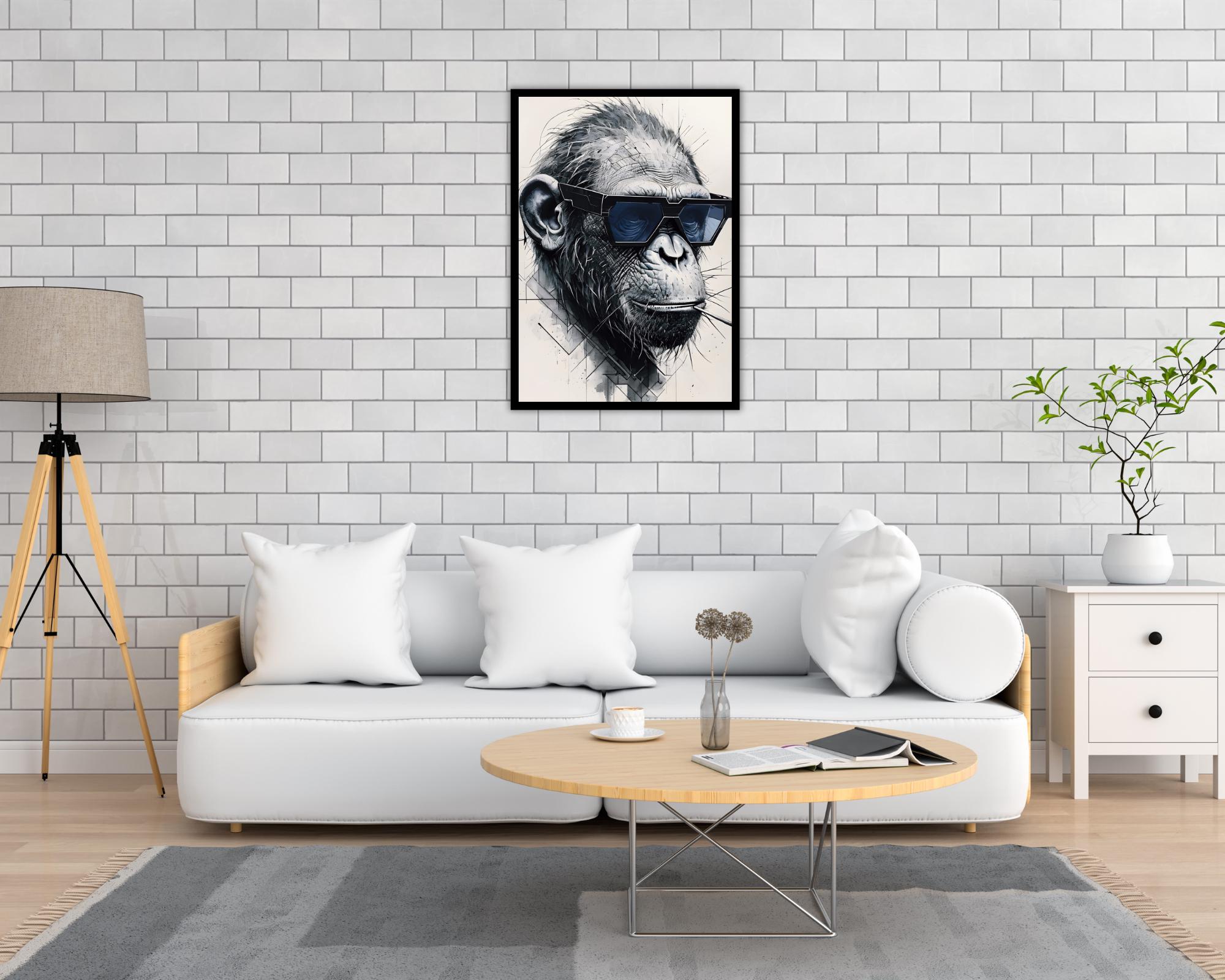 Chimpanzee Wall Art, Wildlife Animal Wall Art, Blue Glasses Chimp Wall ...