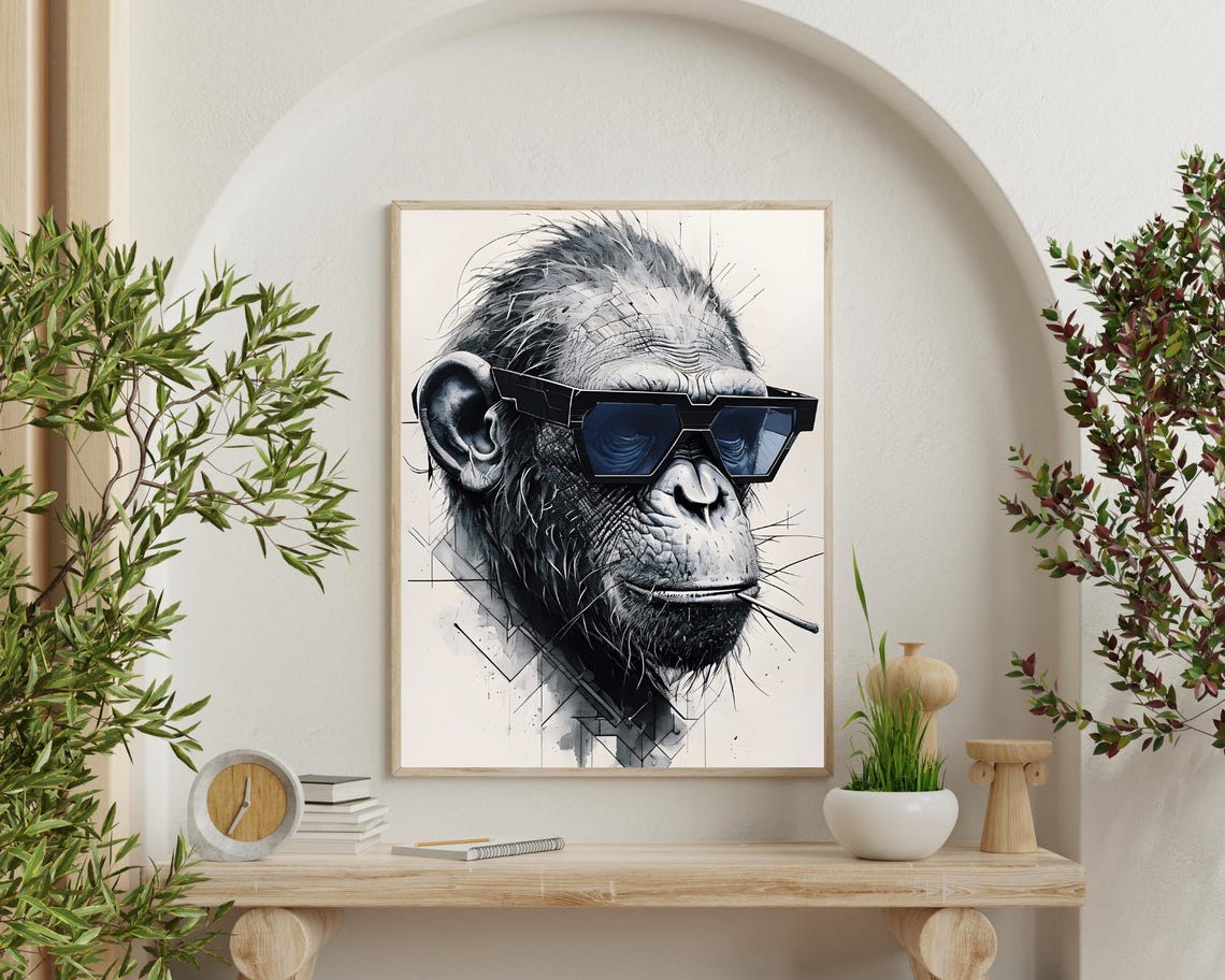 Chimpanzee Wall Art, Wildlife Animal Wall Art, Blue Glasses Chimp Wall ...