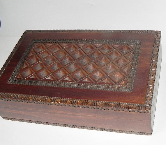 Vintage Carved Wood small hinged CHEST from Poland. - Gem