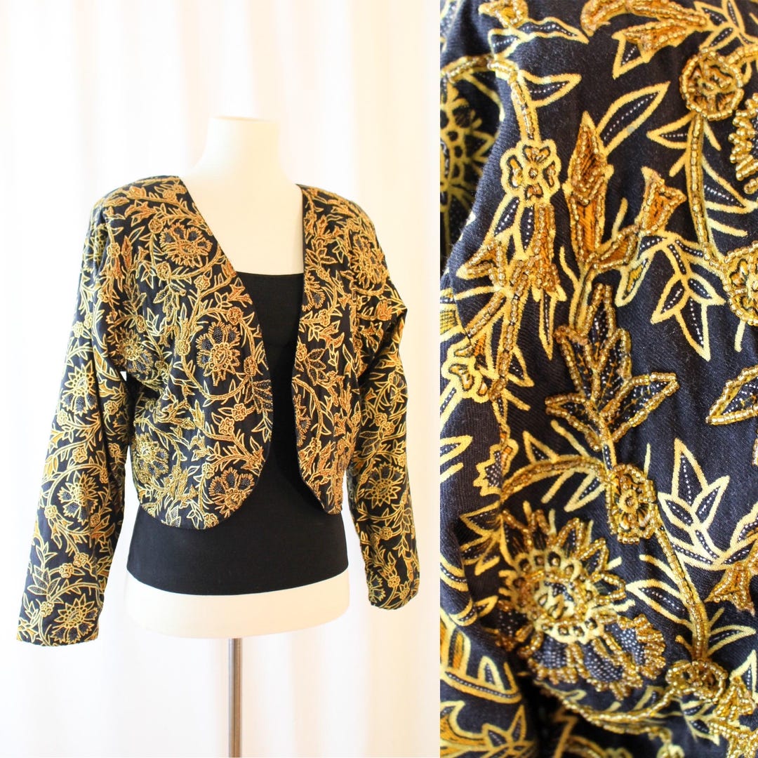 Vintage Jacket 90s Cropped Beaded // Womens M Medium // Gold Black Coat ...