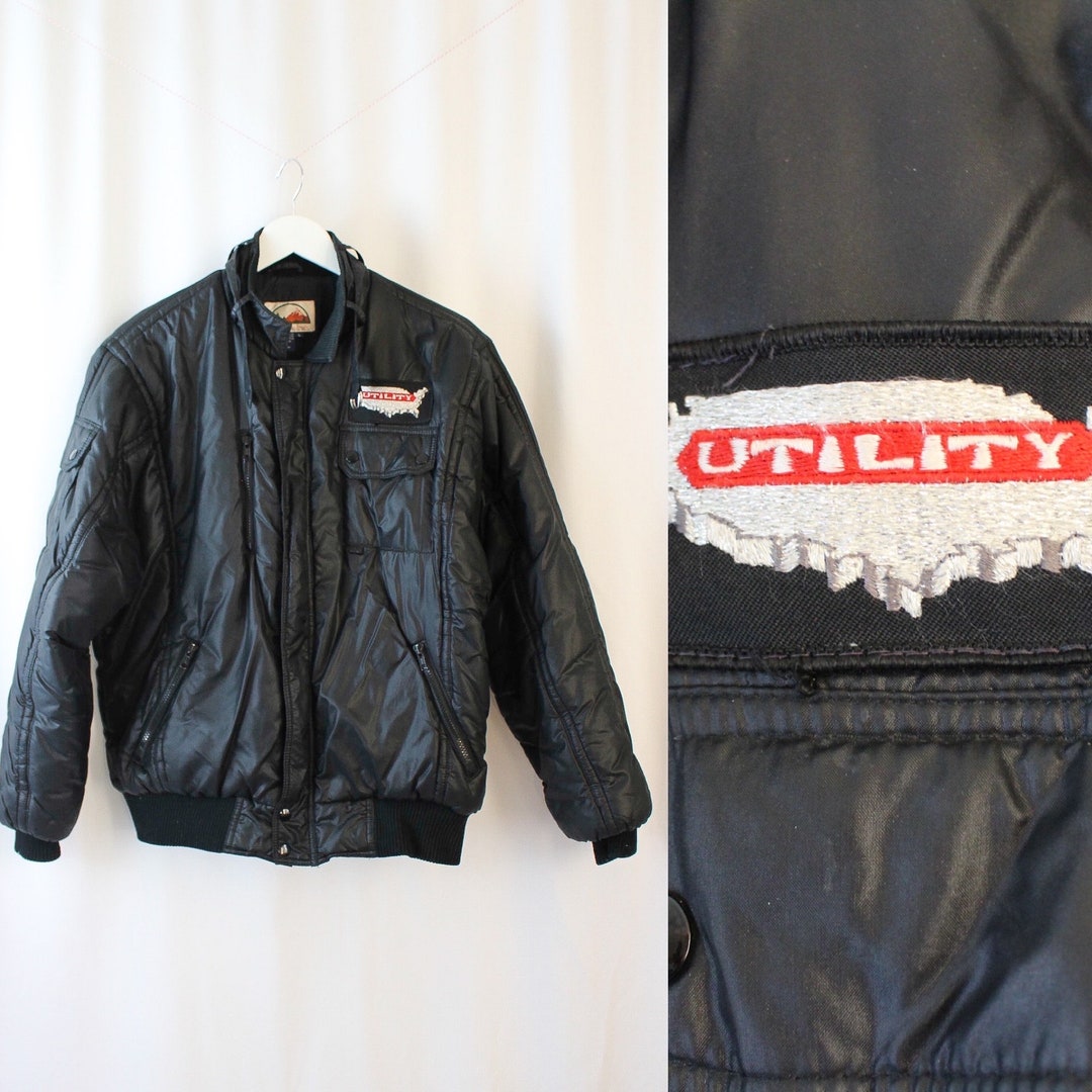 Vintage 80s Puffer Jacket Black // Mens XL // Bomber Coat Logo Trucker ...