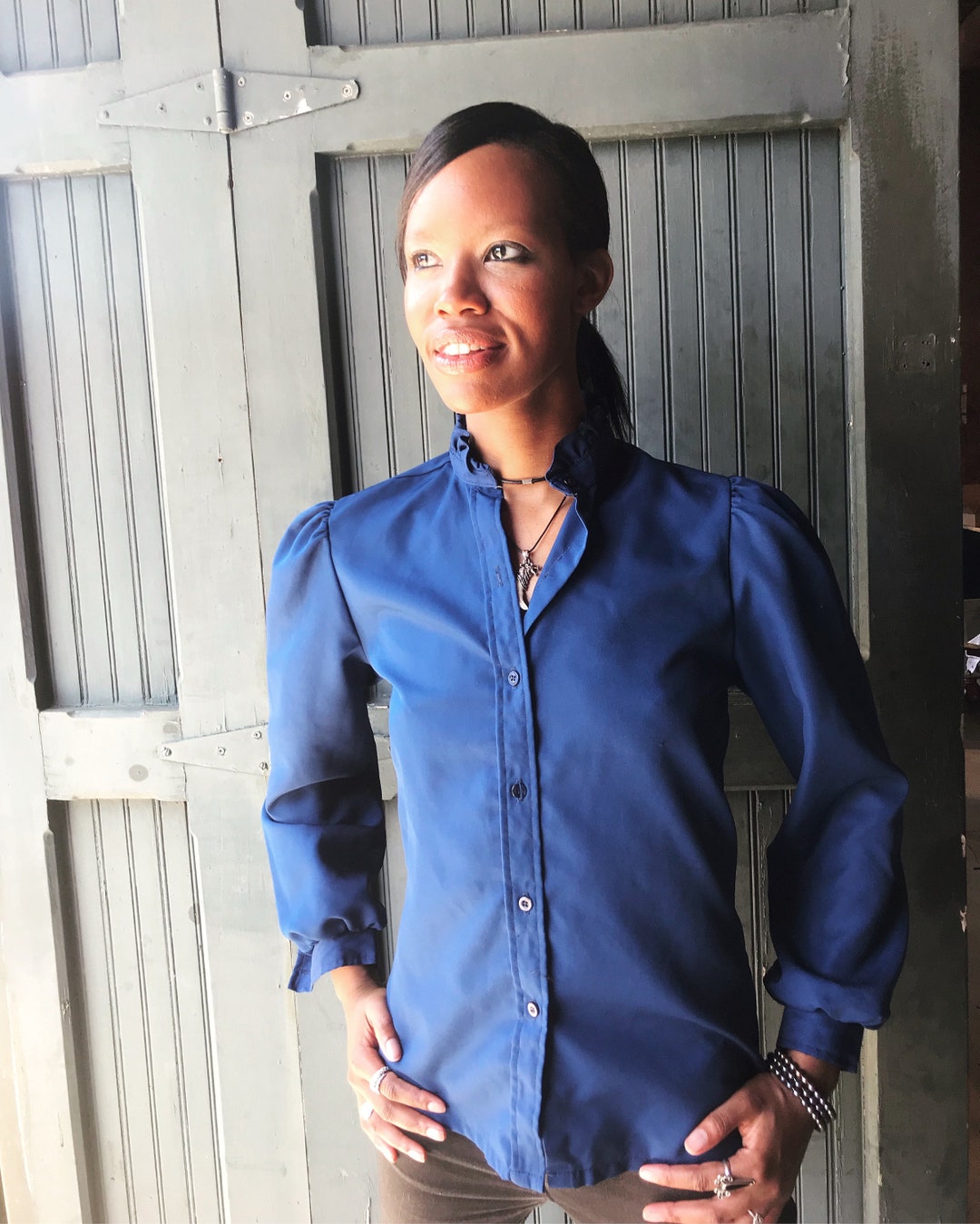 80s Ruffle Neck Cobalt Blue Blouse by Stuffed Shirt Size SM - Etsy