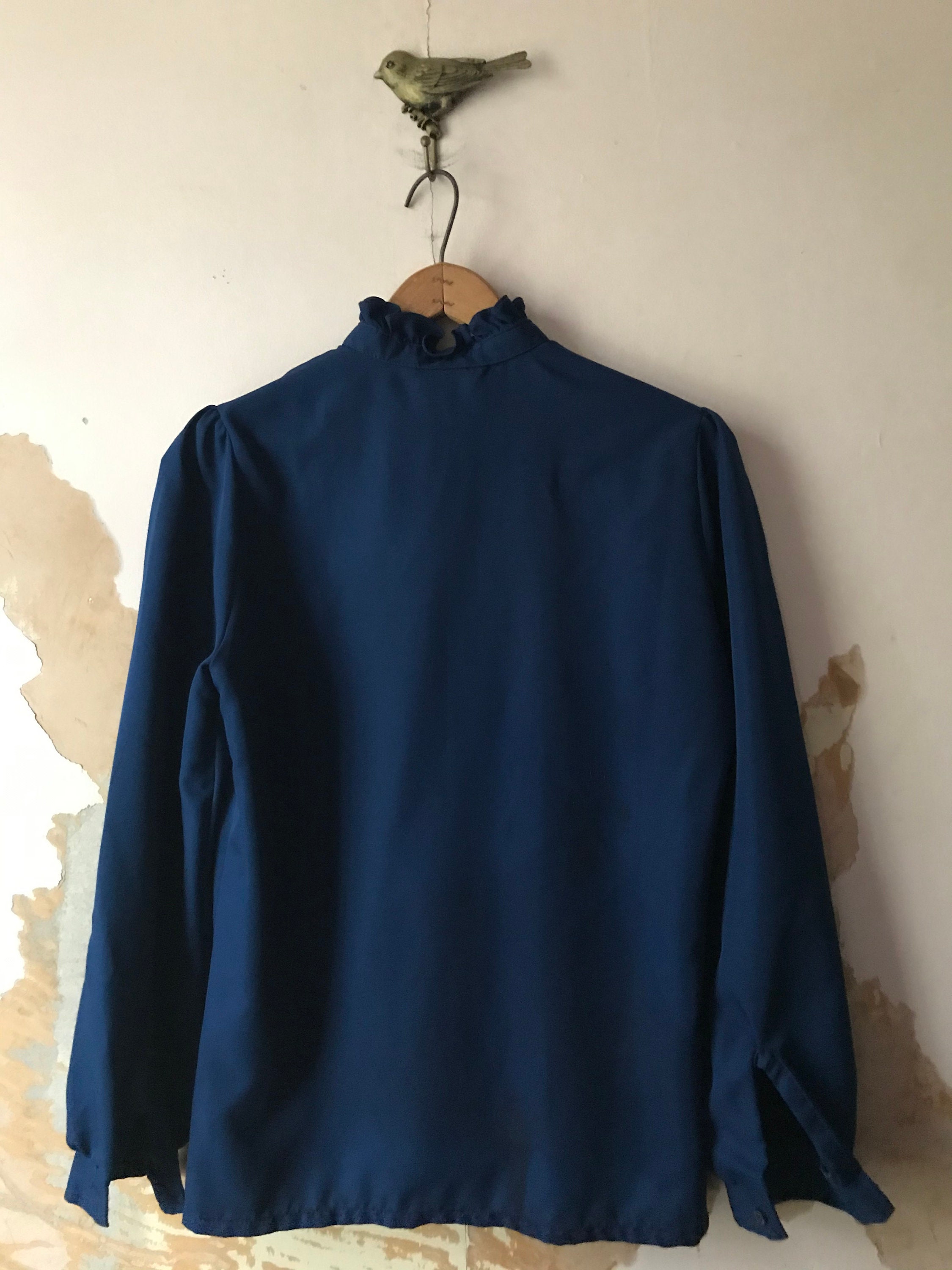 80s Ruffle Neck Cobalt Blue Blouse by Stuffed Shirt Size SM - Etsy