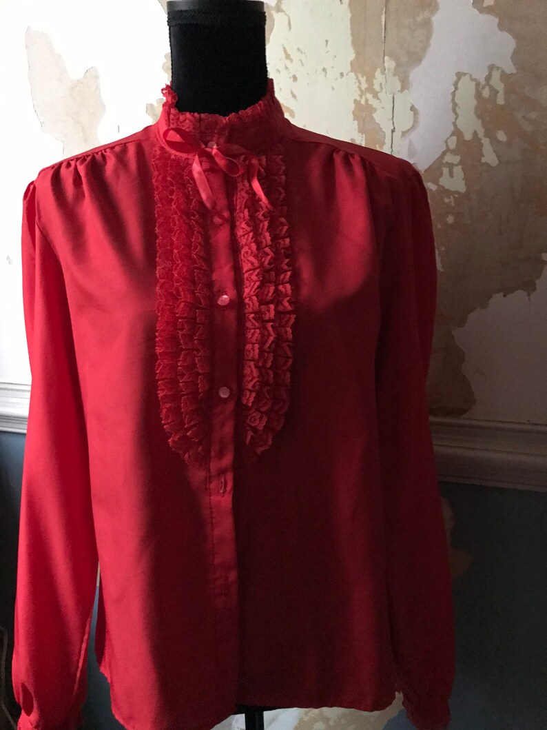 1980s Vintage Ruffled Lace Bib Blouse With Ribbon Tie Neck in Lipstick ...