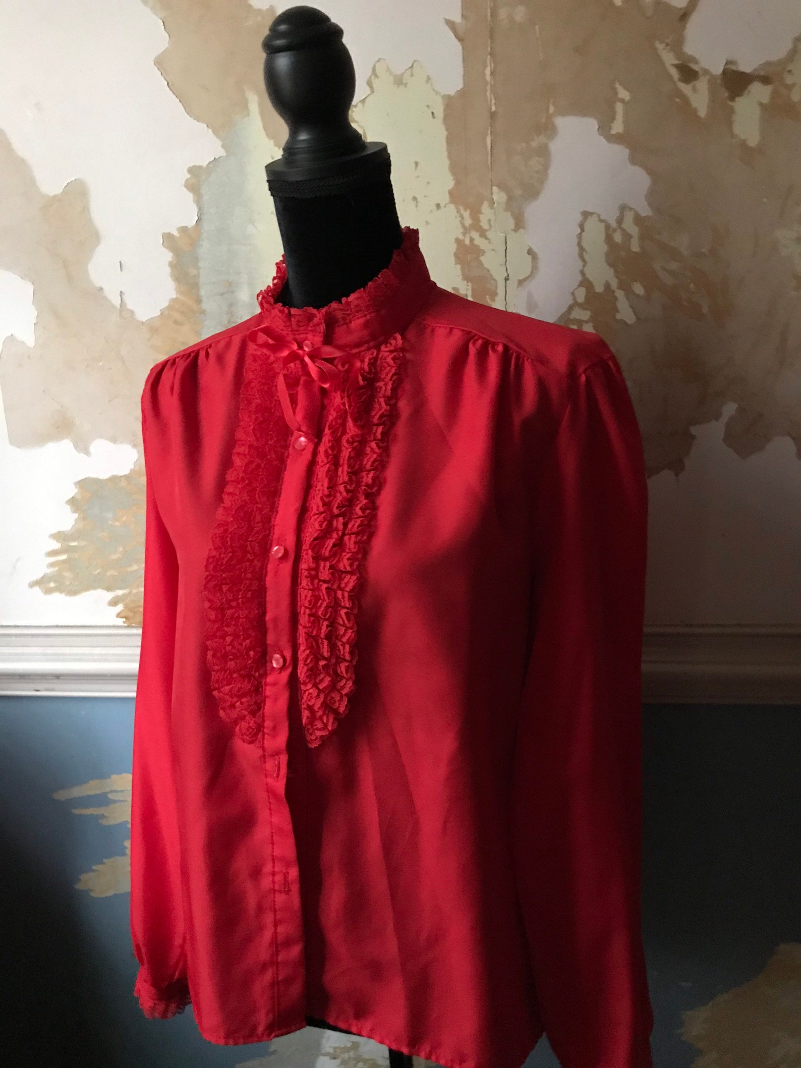 1980s Vintage Ruffled Lace Bib Blouse With Ribbon Tie Neck in Lipstick ...